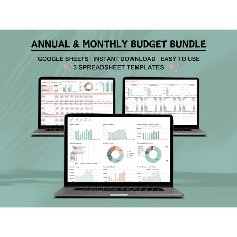 Jual Annual & Monthly Budget Spreadsheet Bundle Google Sheets Savings ...