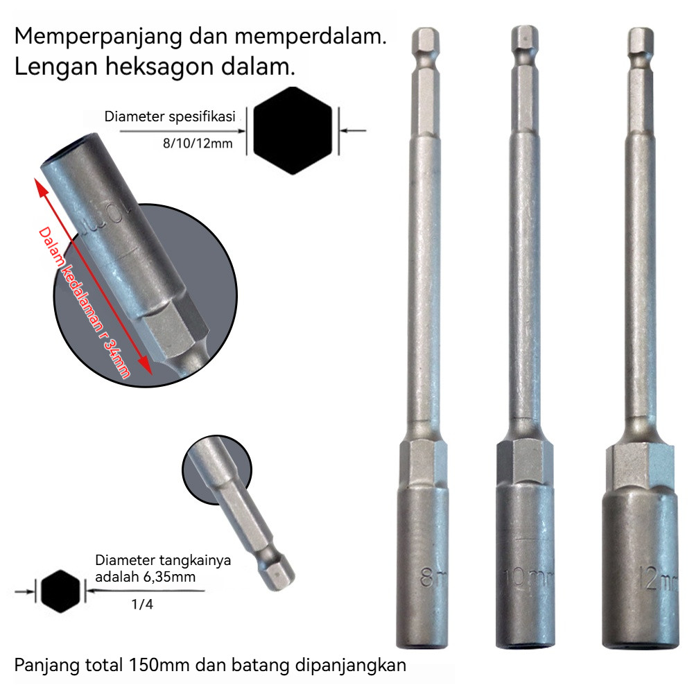 Jual 3 Buah Ekstensi Soket Bor 150mm, Ekstensi Obeng Mur Hex, Kunci Pas ...