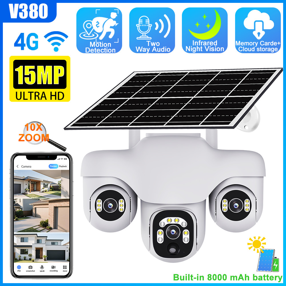 Jual V380 Pro WiFi Camera Outdoor Solar 15MP 4K Three Lens Triple ...