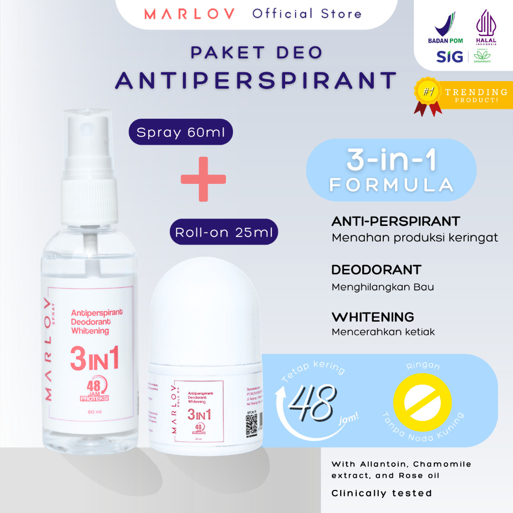 Jual MARLOV Anti Pespirant Deodorant Whitening Paket Spray 60ML + ROLL ...