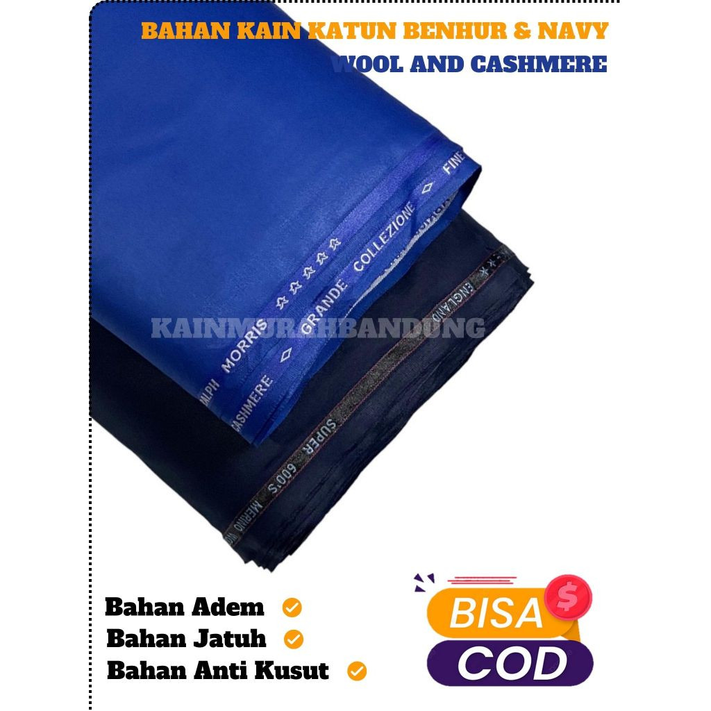 Jual Bahan kain katun navy dan biru benhur wool and slik adem 100 ...
