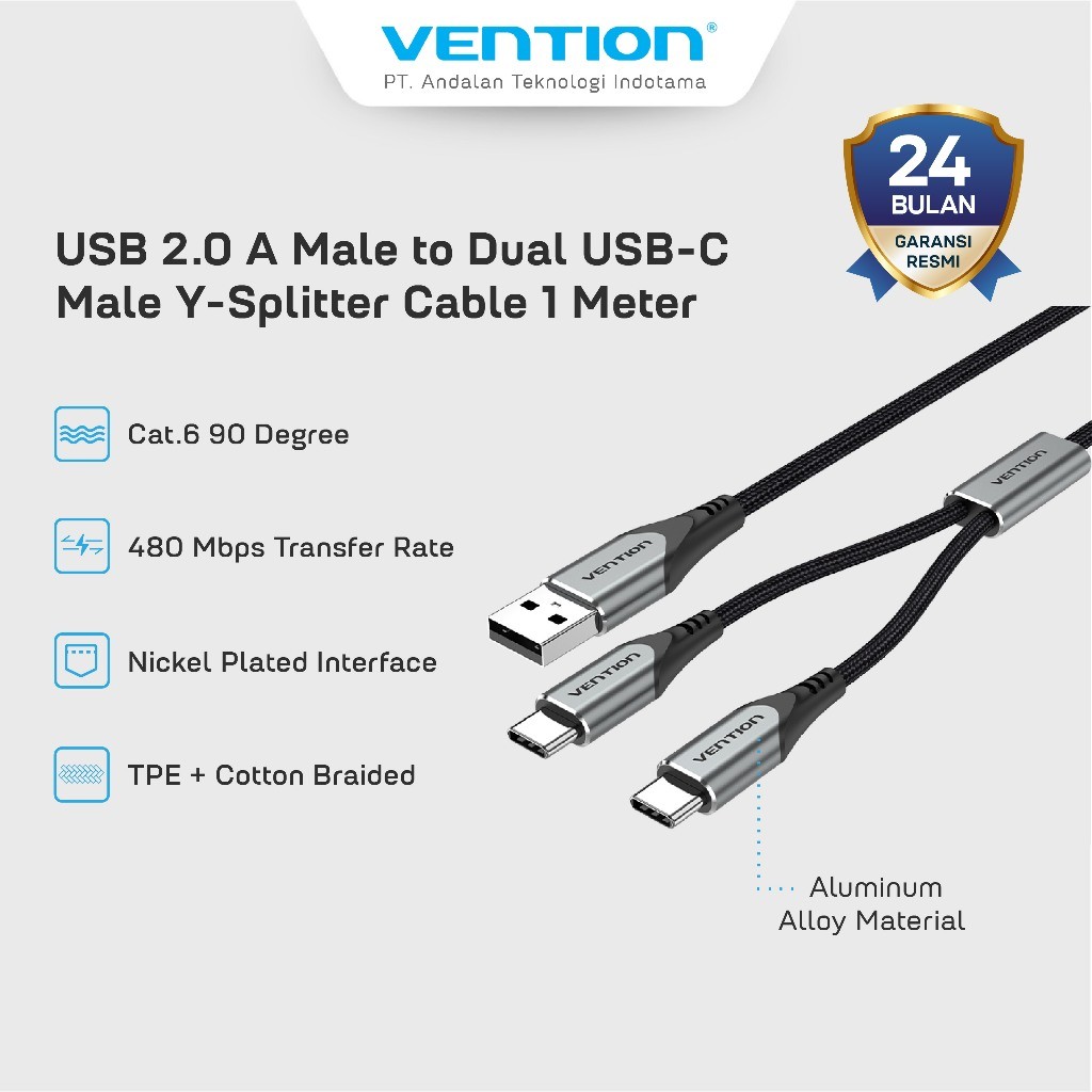 Jual Vention Kabel Data USB A 2.0 Male to Dual USB Type C Male Y ...