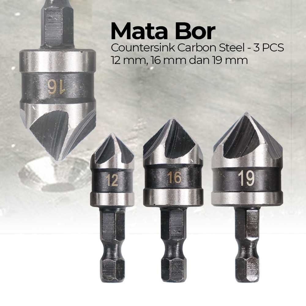 Jual Mata Bor Drill Bit Countersink Carbon Steel 12 16 19mm 3 PCS ...