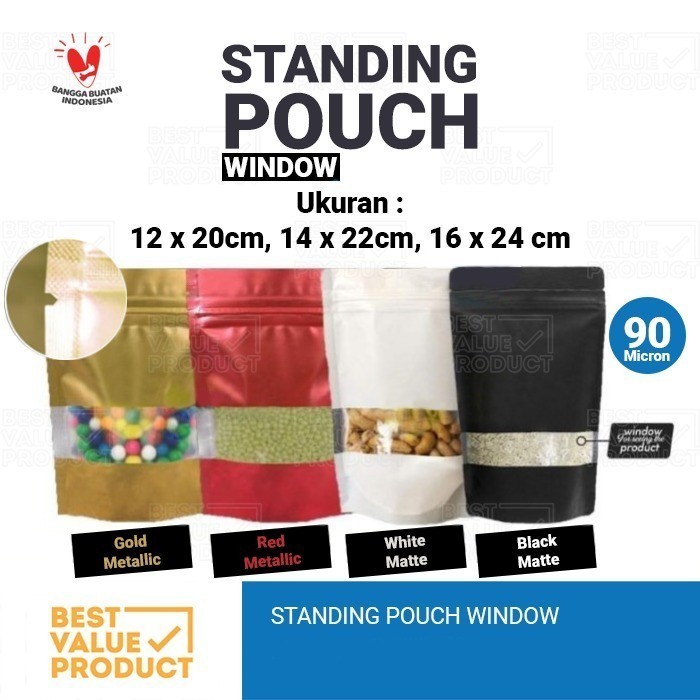 Jual (PACK) STANDING POUCH KLIP WINDOW METALIZE PLASTIK KEMASAN MAKANAN ...