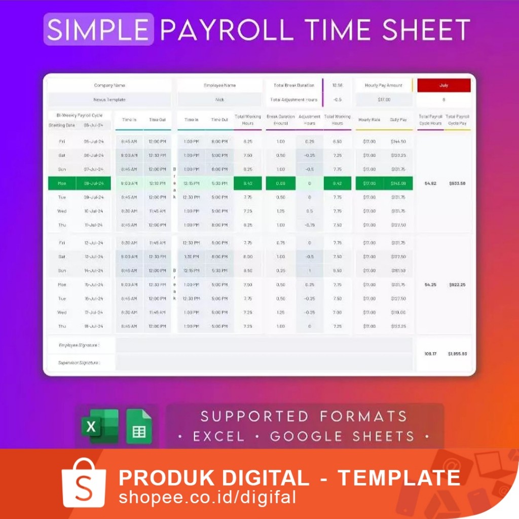 Jual Payroll Timesheet Excel & GoogIe Sheets | Employee Time Tracker ...