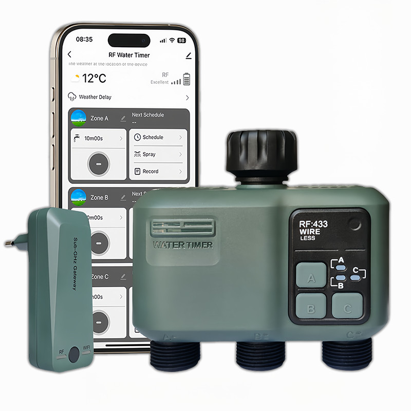 Jual 2025 Tuya Wifi+RF433 smart Garden Sprinkler Water Timer by 3 Way Rain Delay Filter ...