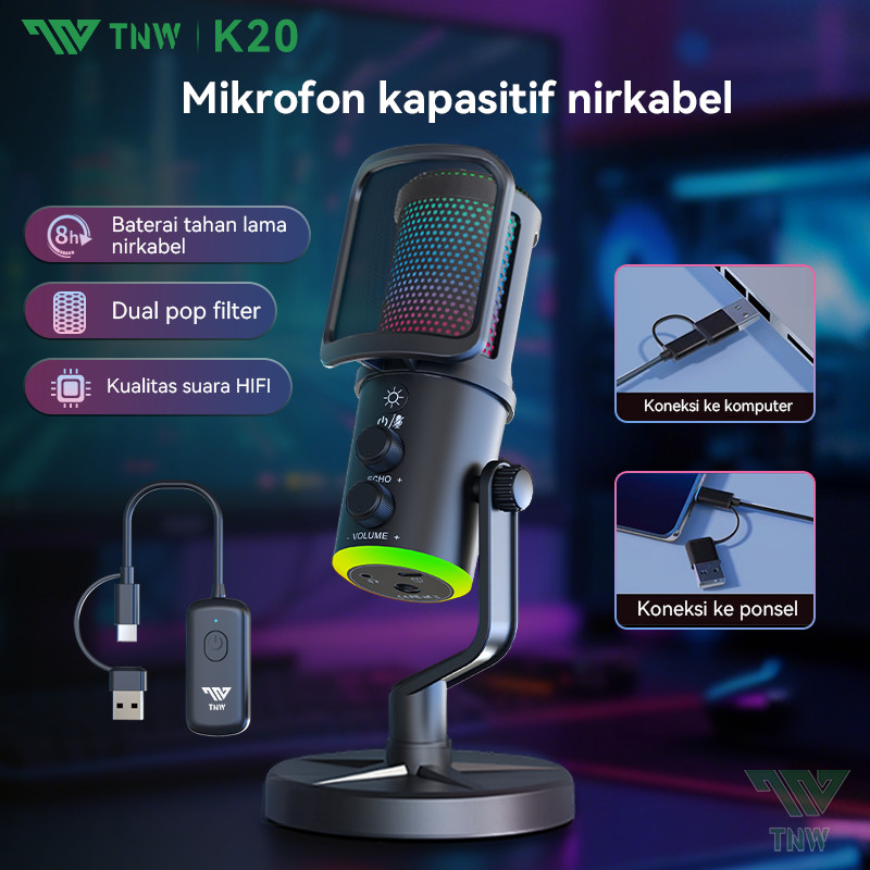 Jual TNW K20 Wireless Microphone Condenser USB Type-C Mikrofon With RGB Light Untuk PC Streaming ...