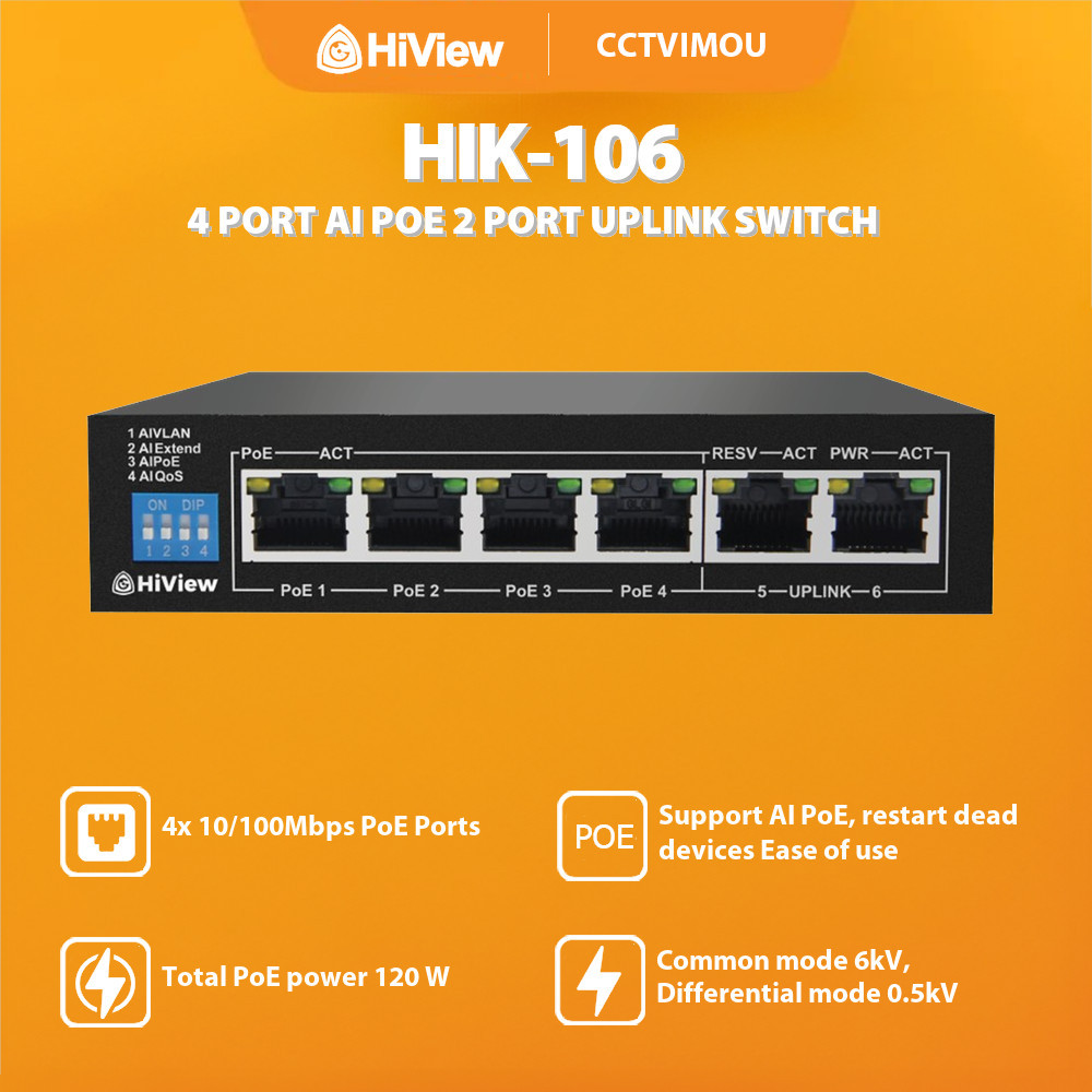 Jual PoE Switch Hiview - HIK-106 4 PORT AI POE 2 PORT UPLINK SWITCH ...