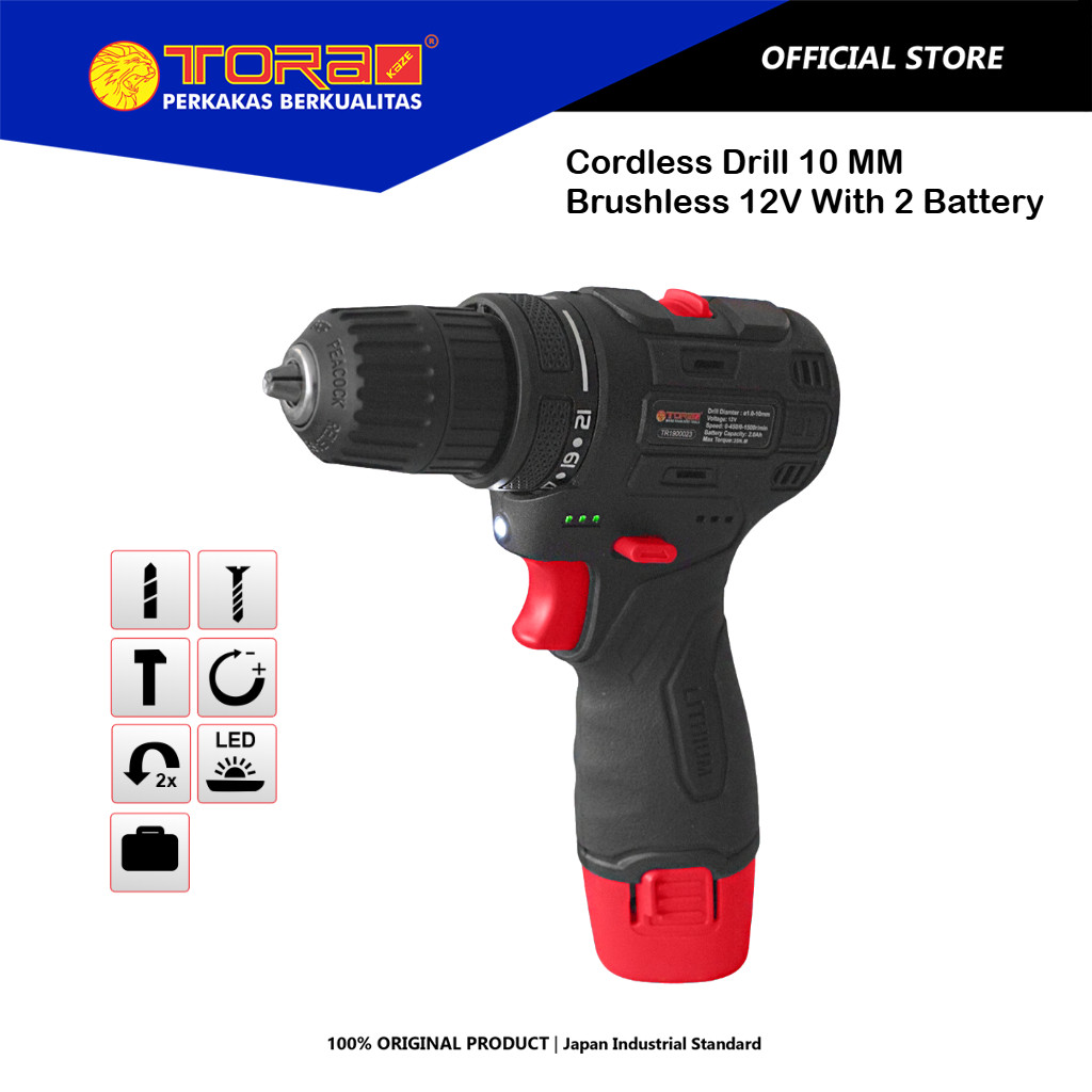 Jual TORA Cordless Drill 10 MM Brushless 12V With 2 Battery | Shopee ...