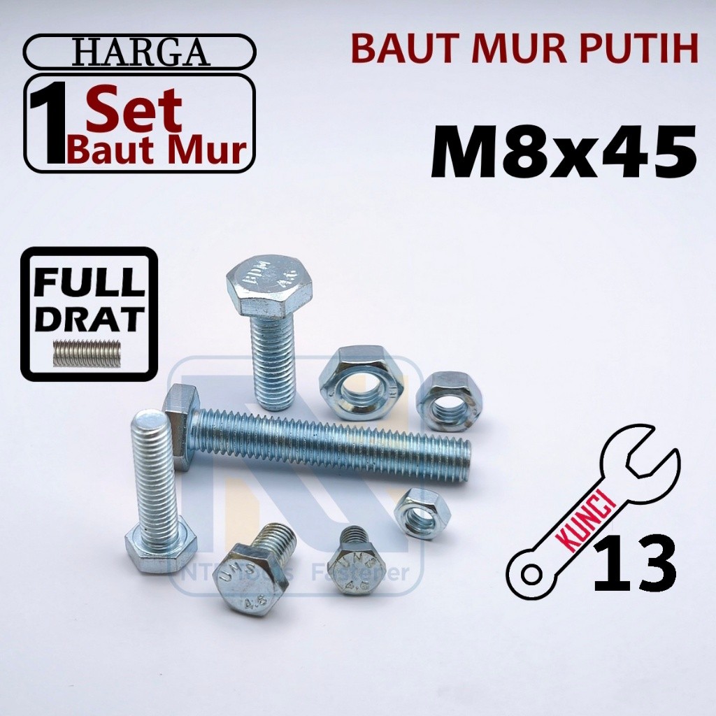 Jual Baut Mur M8 x 45 Putih BMP Kunci 13 Pitch 1.25 / BMP M8 x 45 Grade ...