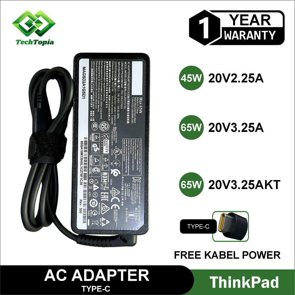 Jual Ruli Storage TechTopia Charger Laptop ThinkPad Ideapad Type-C 65W ...