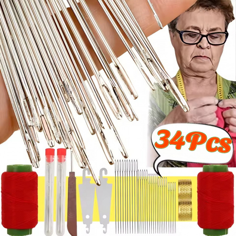 Jual 1/2 Set Jarum Jahit Mata Besar Set Jarum Jahit Baja dengan Jarum ...