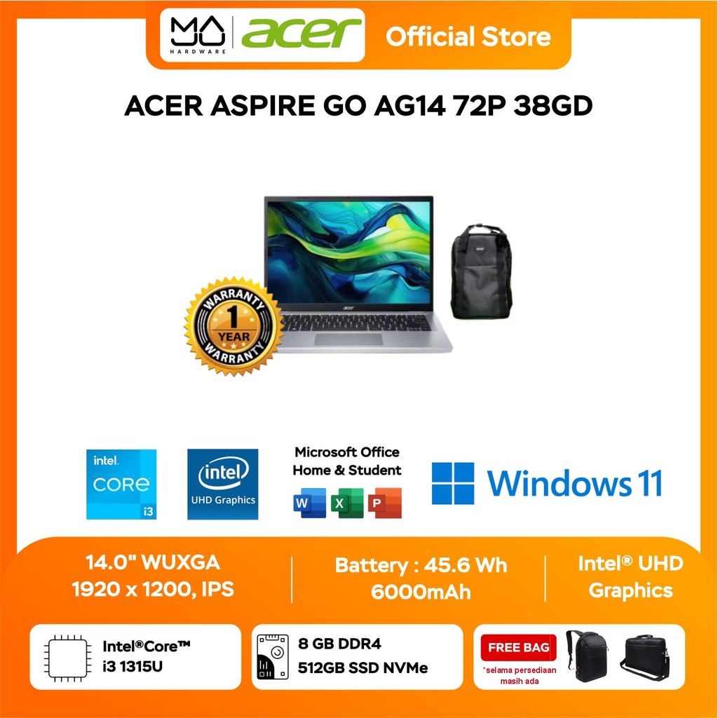 Jual ACER ASPIRE GO AG14 Intel Core I3 1315U 72P 38GD 8GB 512GB SSD 14 ...