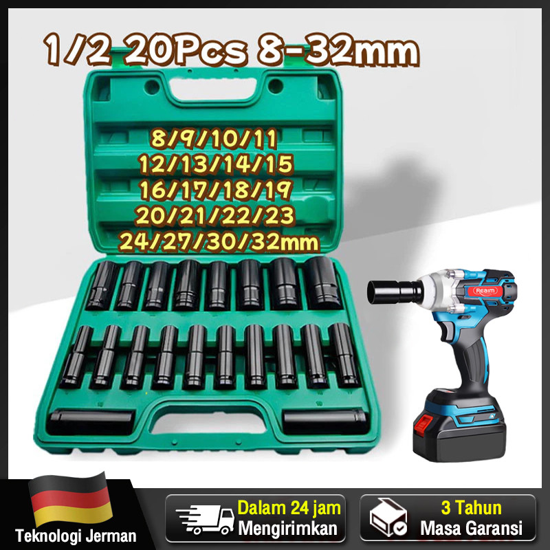 Jual REAIM 20PCS Socket Extention Impact Socket 20 pcs 1/2 Inch 8-32MM ...