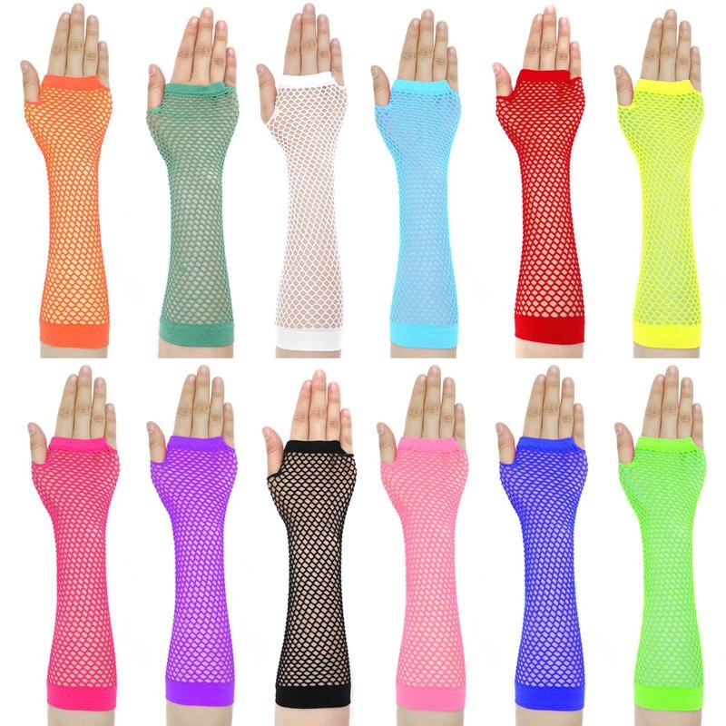 Jual Women Fingerless Fishnet Neon Gloves Colorful Net Mesh Long Gloves ...