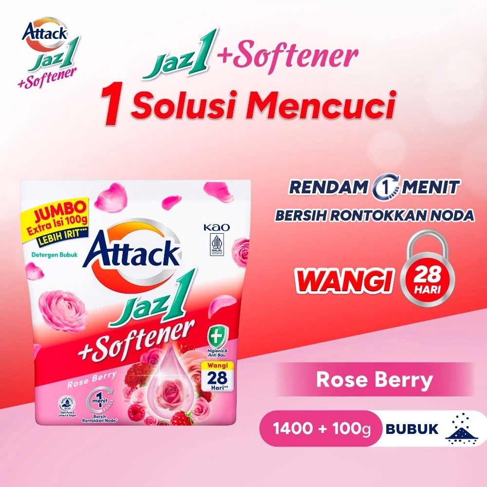 Jual KAO ATTACK DETERGENT POWDER JAZ1+SOFTENER ROSE BERRY 1.4kg ...