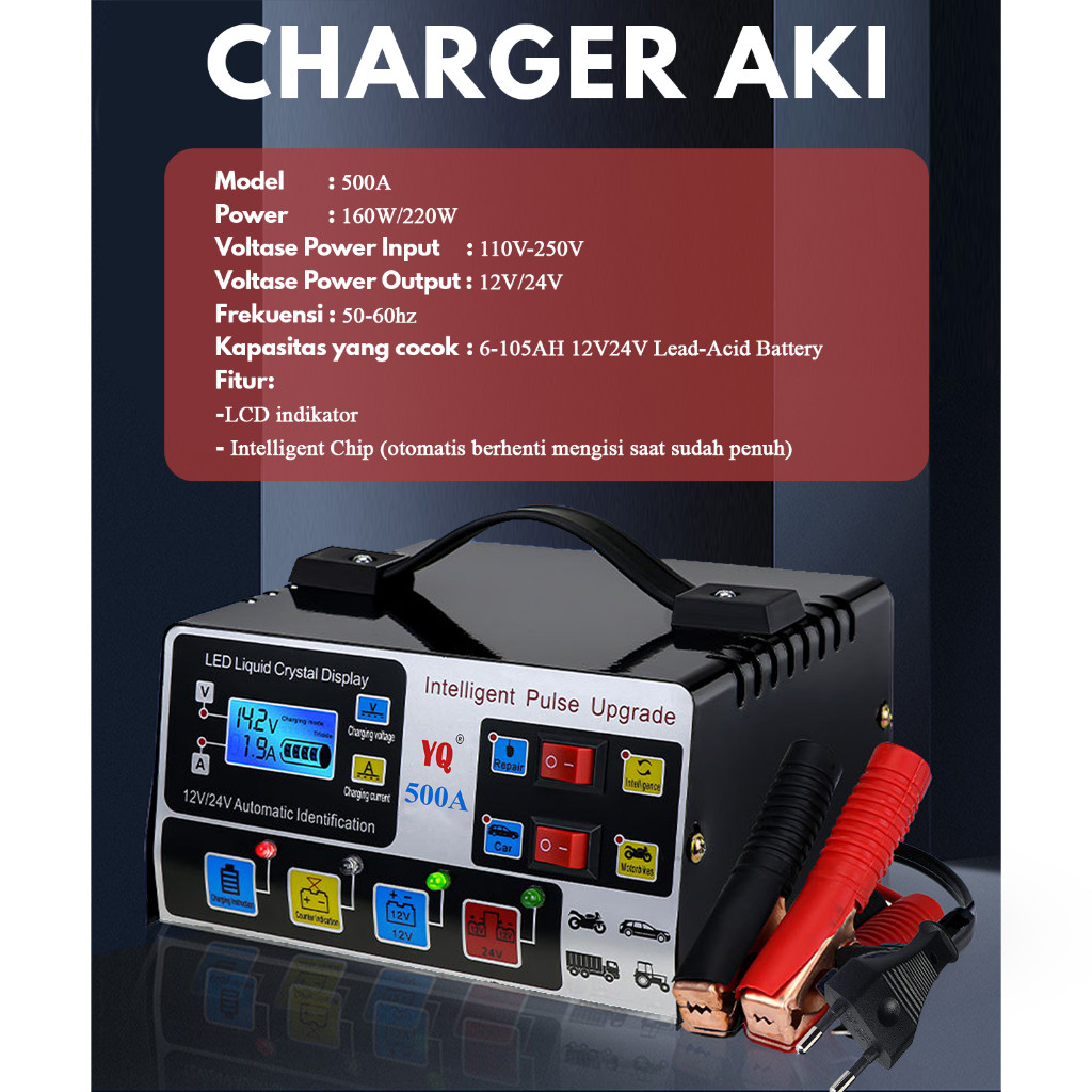 Jual Cas Casan Aki Otomatis Charger Accu Alat Cas Aki 12V 24V 500A Mobil Motor Kapal Truk Fast ...