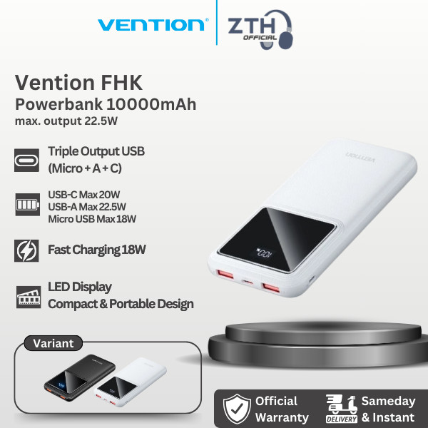 Jual Vention Powerbank 10000mAh Fast Charging LED Display PD 3 Port USB ...