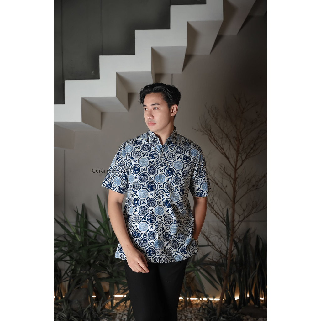 Jual Kemeja Batik Pria Bahan Katun Batik Cap D106 NAVY | Shopee Indonesia