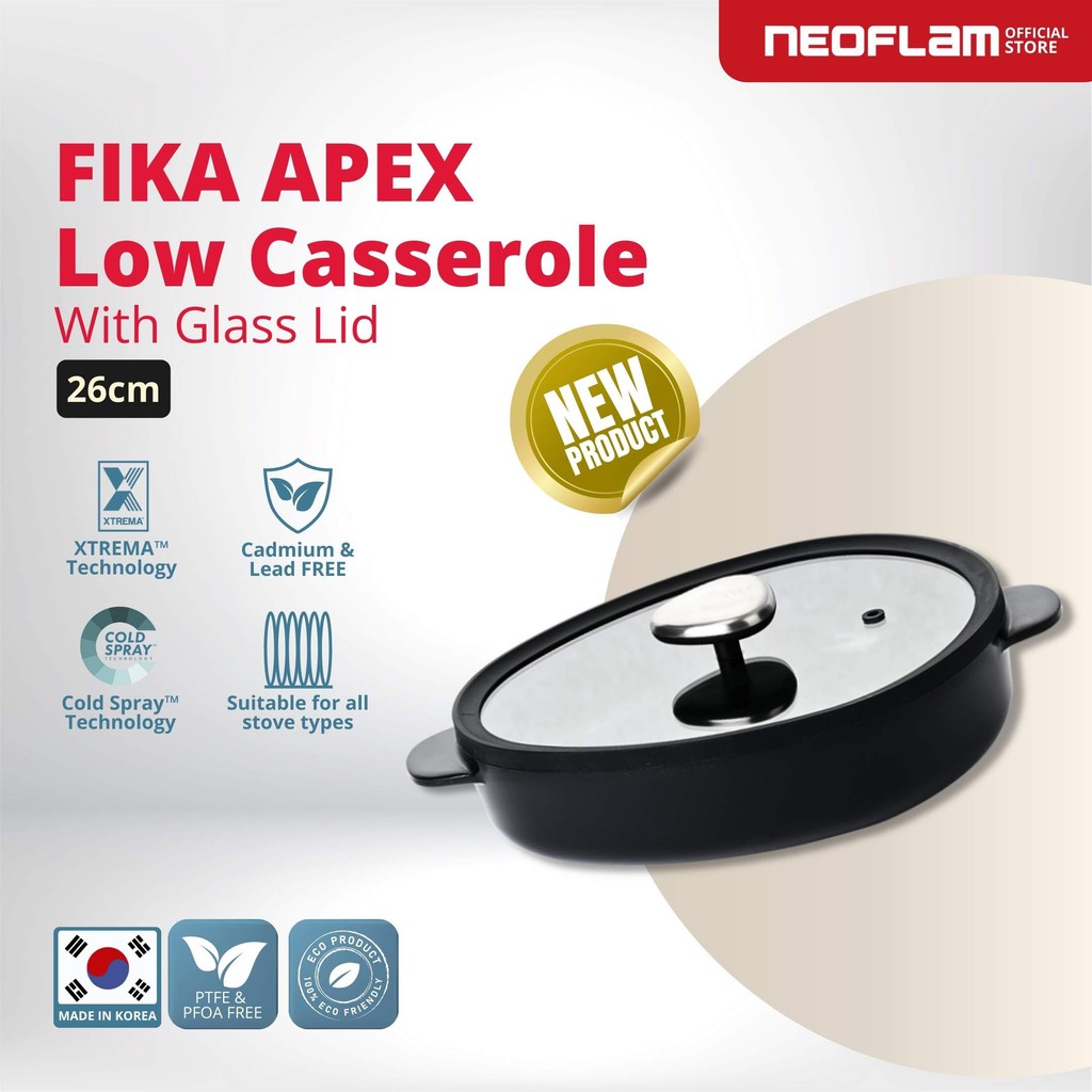 Jual NEOFLAM FIKA APEX Low Casserole 26cm with Glass Lid Black- Panci ...