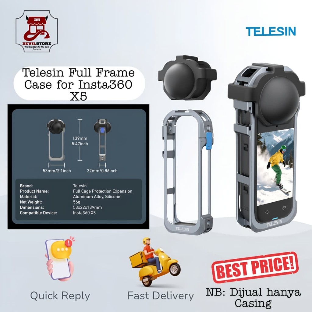 Jual Telesin Frame Metal Case for Insta360 X5 with Lens Cover Casing ...