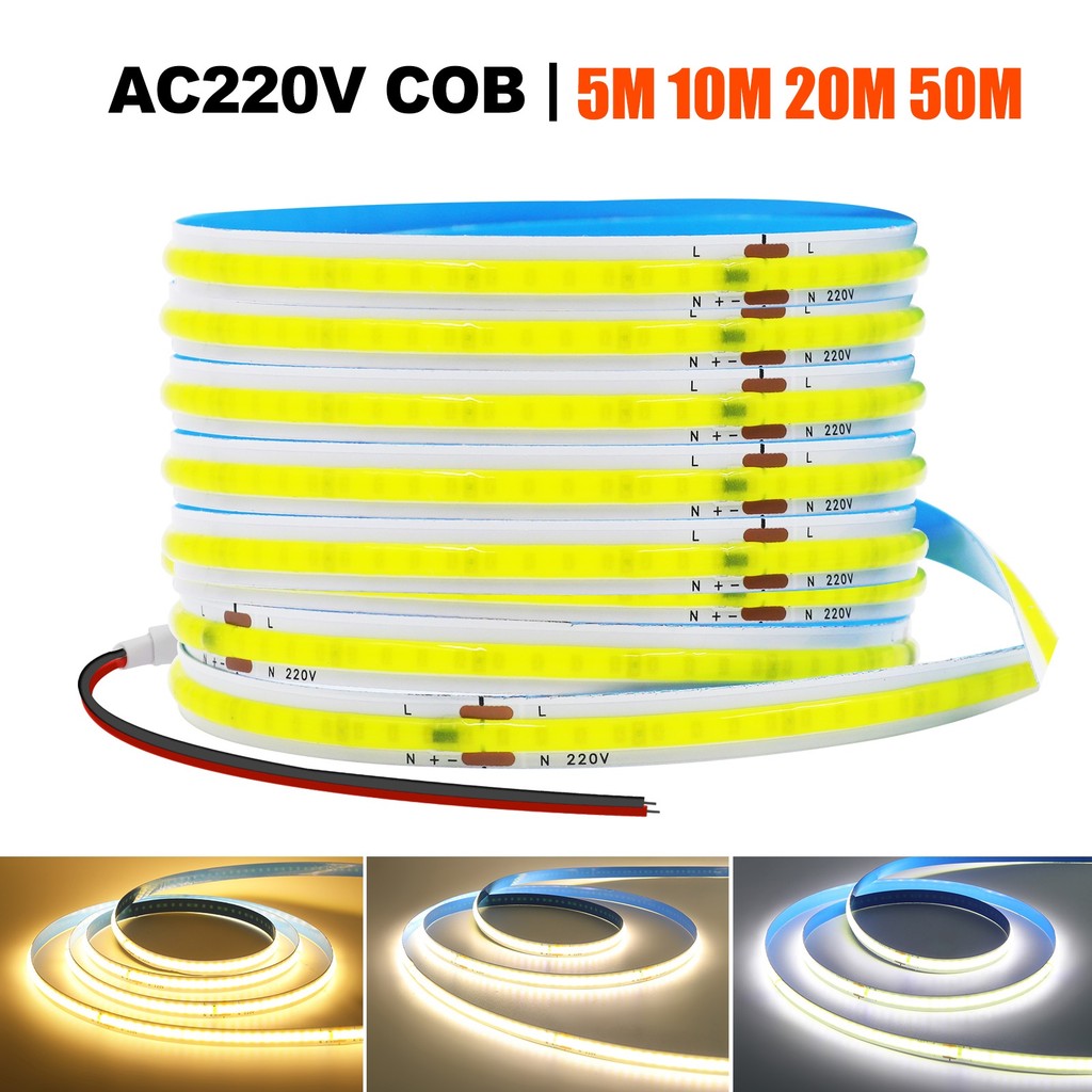 Jual AC 220V COB LED Strip Light 5M 10M 20M 50M Flexible COB LED Tape ...