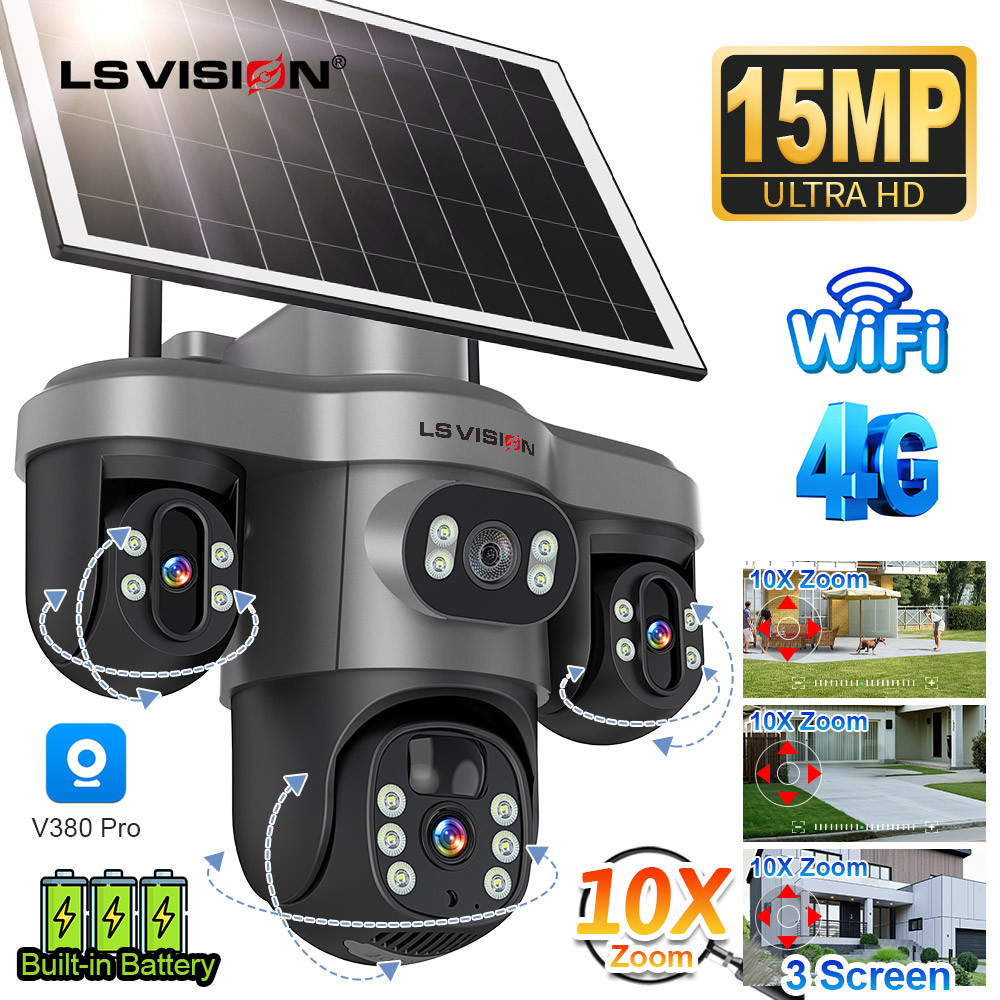 Jual LS VISION 15MP Three PTZ Lens Three Screen 4G Solar Camera Outdoor ...