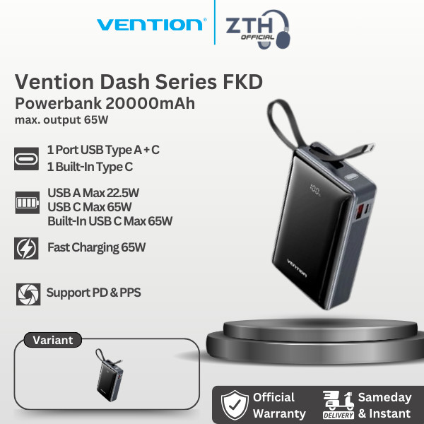 Jual Vention Powerbank Dash Series 20000mAh 65W QC PD PPS LED Built in ...