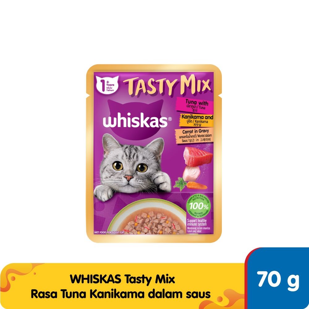 Jual WHISKAS TASTY MIX CAT FOOD 1+ TUNA KANIKAMA 70g | Shopee Indonesia