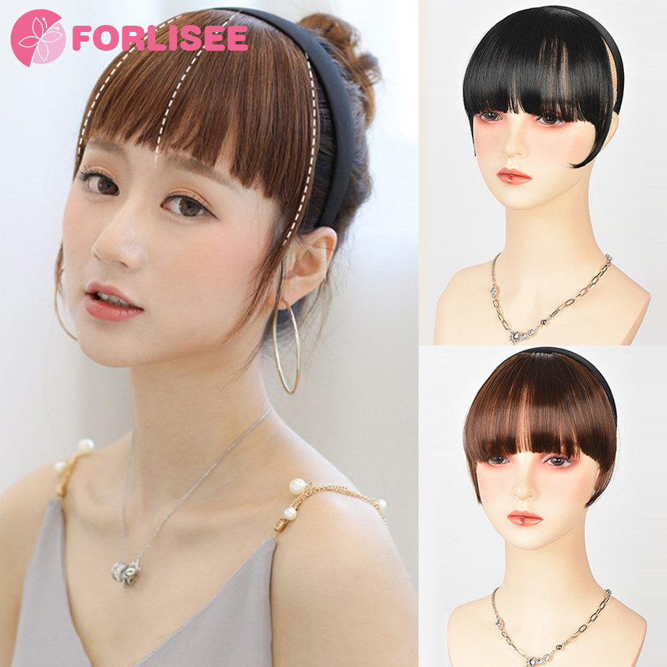 Jual Synthetic Pure Black Full Cloth Headband Bangs Extension Fake Hair ...
