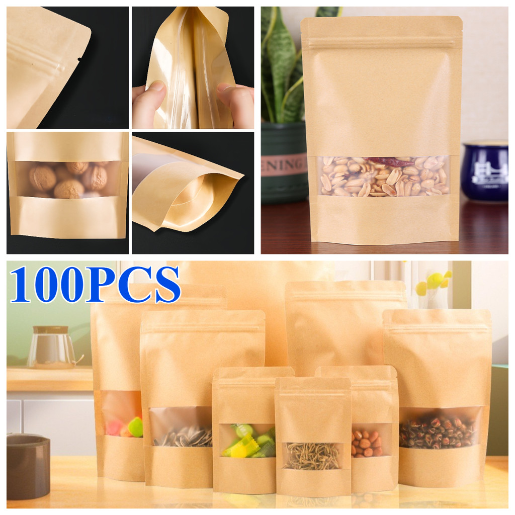 Jual 100Pcs Standing Pouch Kraft Paper Ziplock Window Kemasan Camilan ...