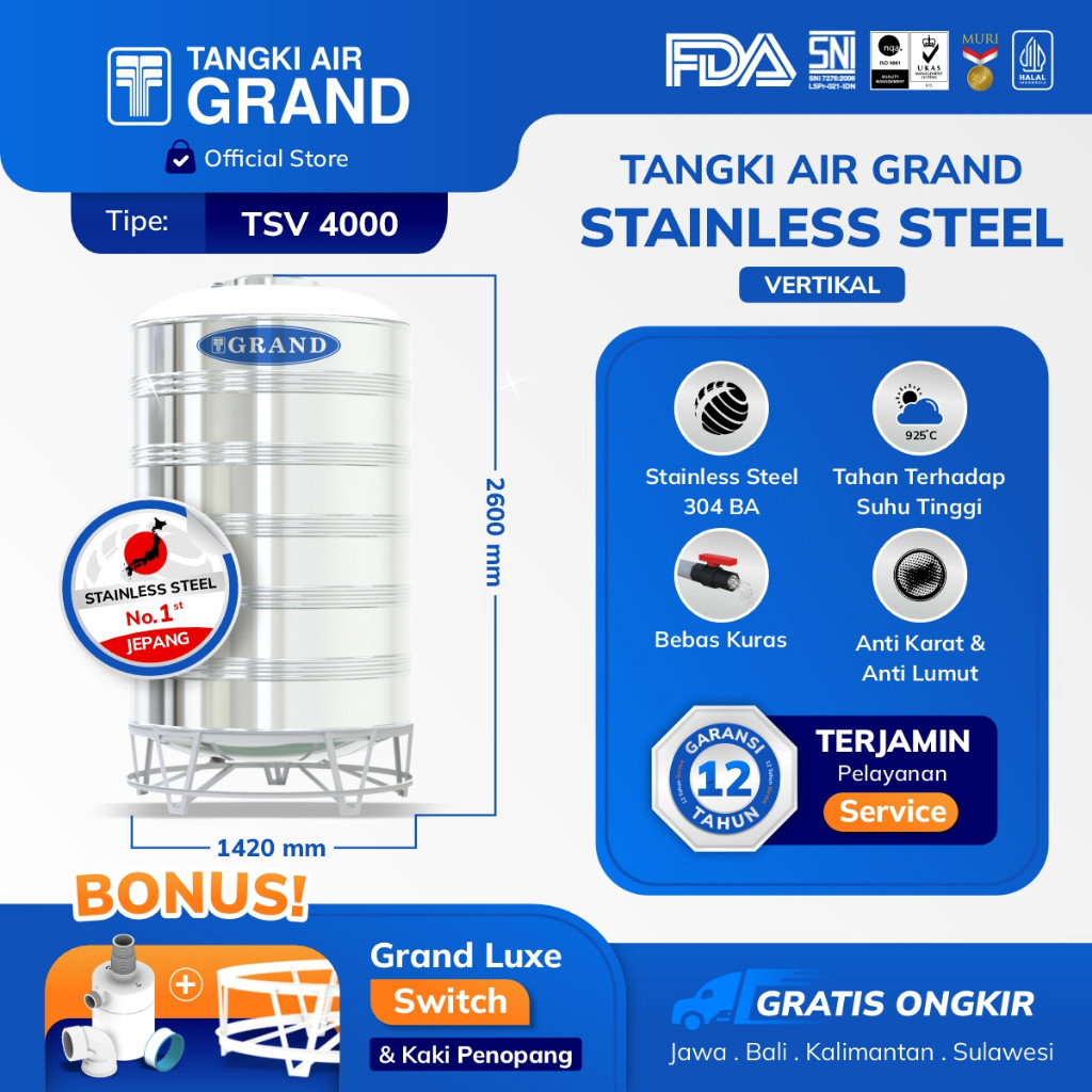 Jual Toren Tandon Air Tangki Stainless Grand TSV 4000 Anti Lumut Halal ...