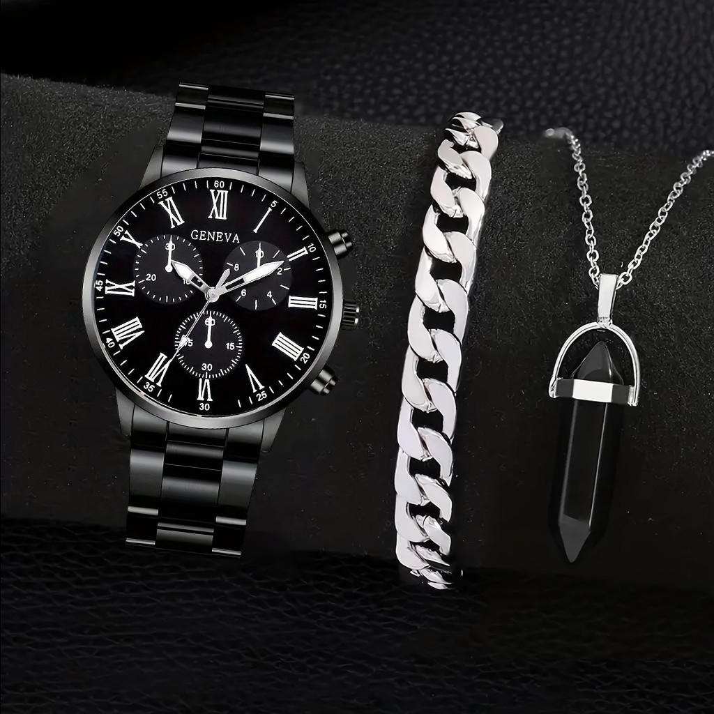 Jual 3PCS Jam Tangan Pria Kuarsa Roman Round Dial Pria Casual Lingkar ...