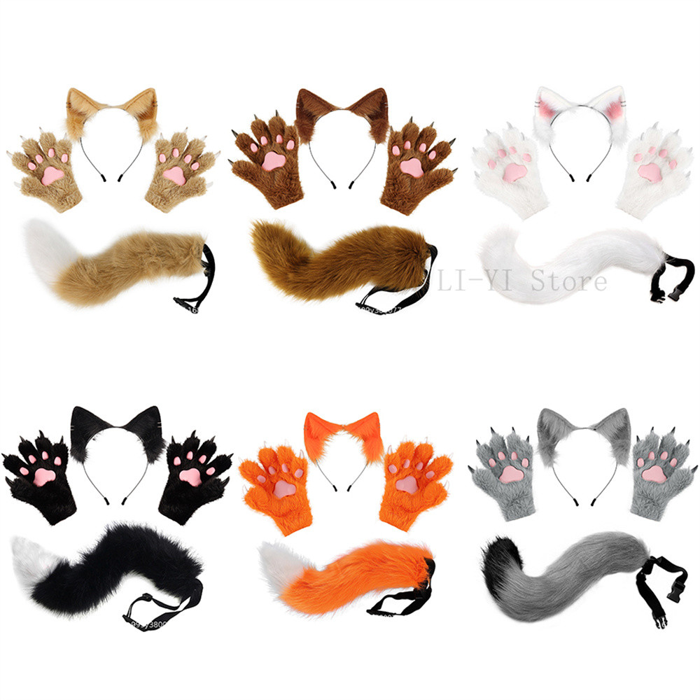 Jual 4Pcs/set Plush Fox Ears Tail Fluffy Cat Paw Gloves with Nails ...