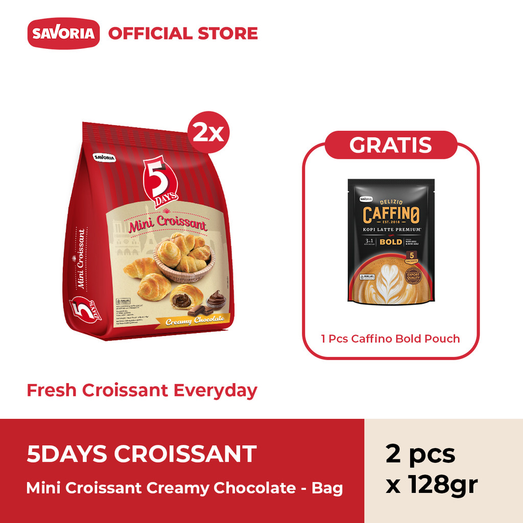 Jual 5 Days Croissant Mini Chocolate 2 Pcs x 128g Gratis Caffino Bold ...