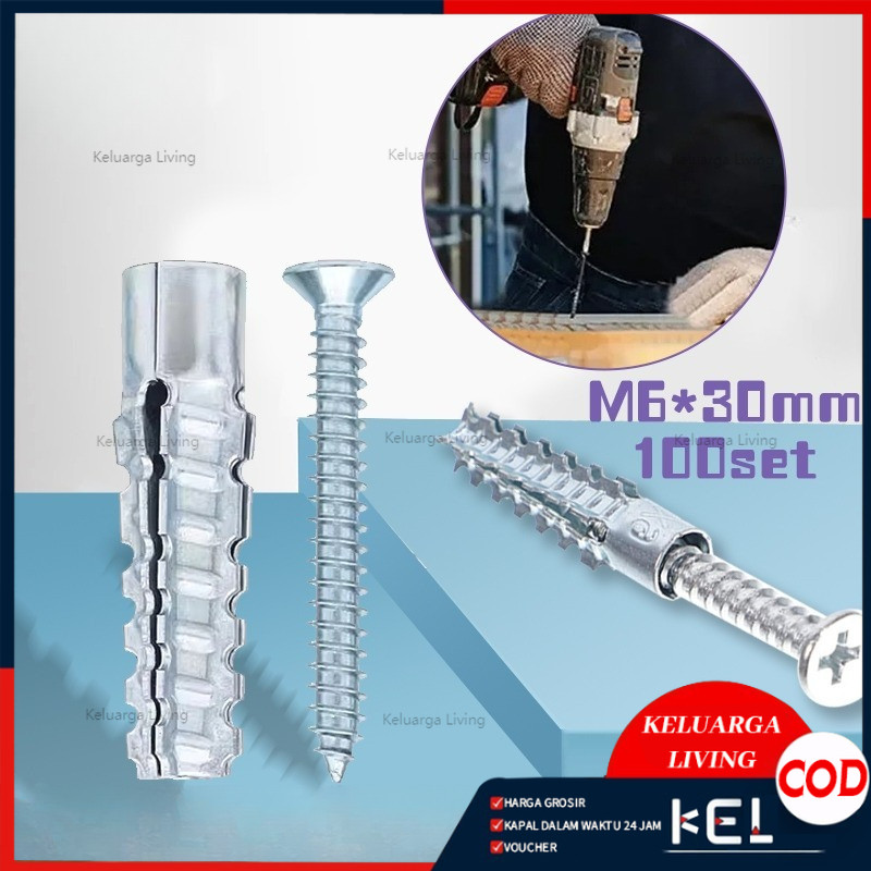 Jual 100set M6x30 Angkur Baut Tembok Sekrup Wall Anchor Tembok Sekrup ...