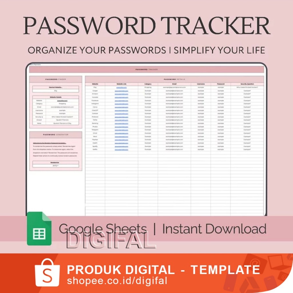 Jual Password Tracker Spreadsheet Google Sheets, Password Keeper ...