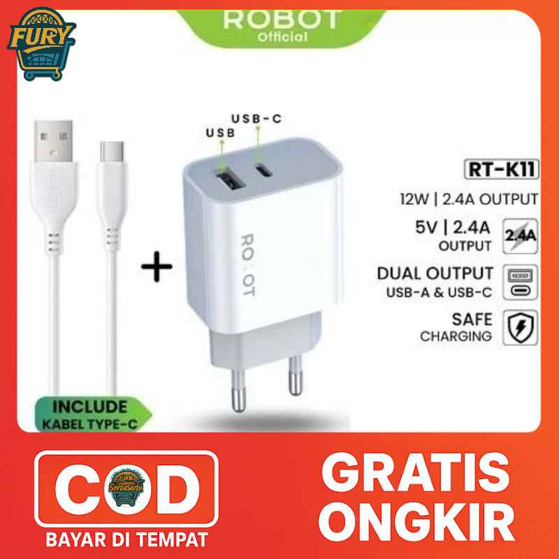 Jual Charger CAS CASAN Type-C Robot RT-K11 Adaptor Dual Port USB-A+C ...