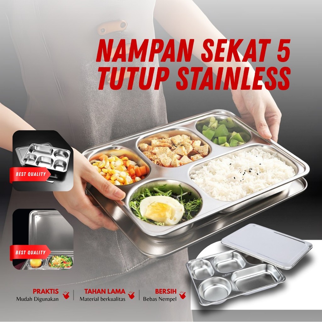 Jual BMW Kitchenware - Piring Makan Tutup Stainless 5 Sekat Tutup Food ...