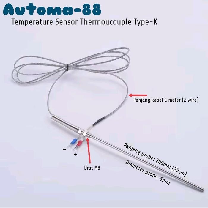 Jual Thermocouple Type-K panjang Probe 20cm 200mm Kabel 1m 1 meter Drat ...