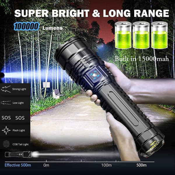 Jual Senter LED Super Terang 150000 Lumens Jarak Jauh Tahan Air IP65 Zoom Type-C Rechargeable ...