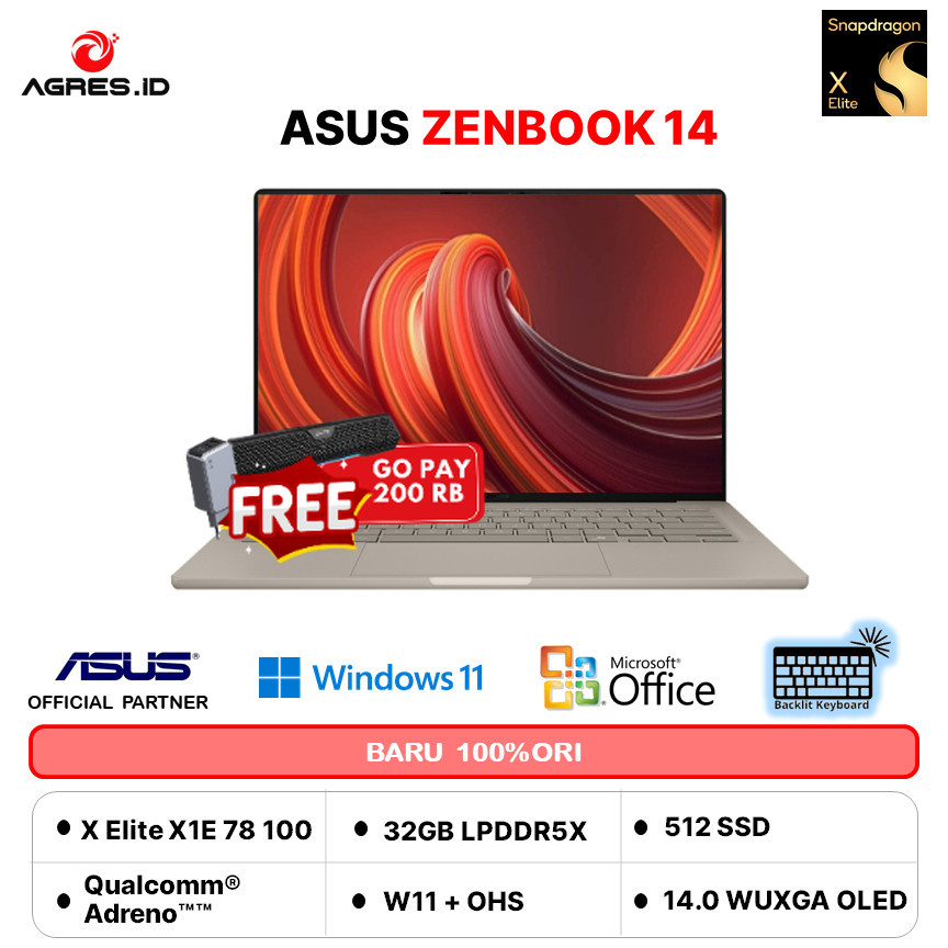 Jual ASUS ZENBOOK A14 UX3407RA OLED SNAPDRAGON X ELITE X1E78100 32GB ...