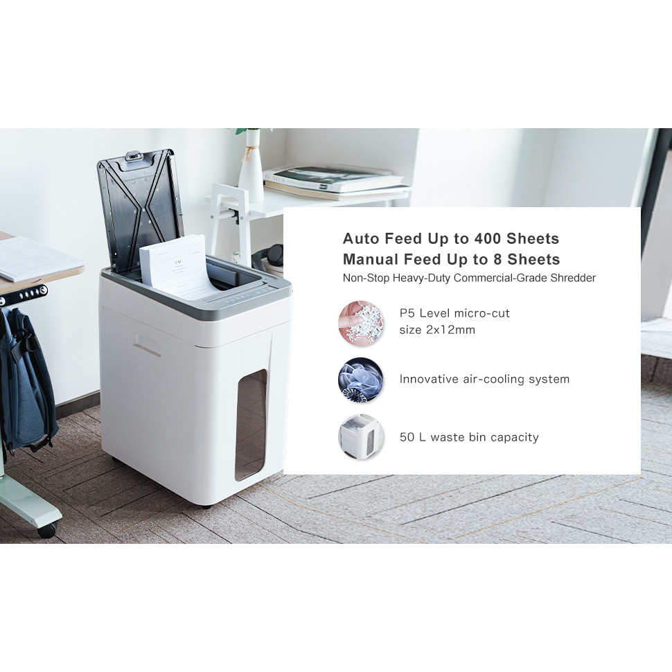 Jual Automatic 50L Paper Shredder 400 Sheets P-5 Micro Cut Mobile Heavy ...