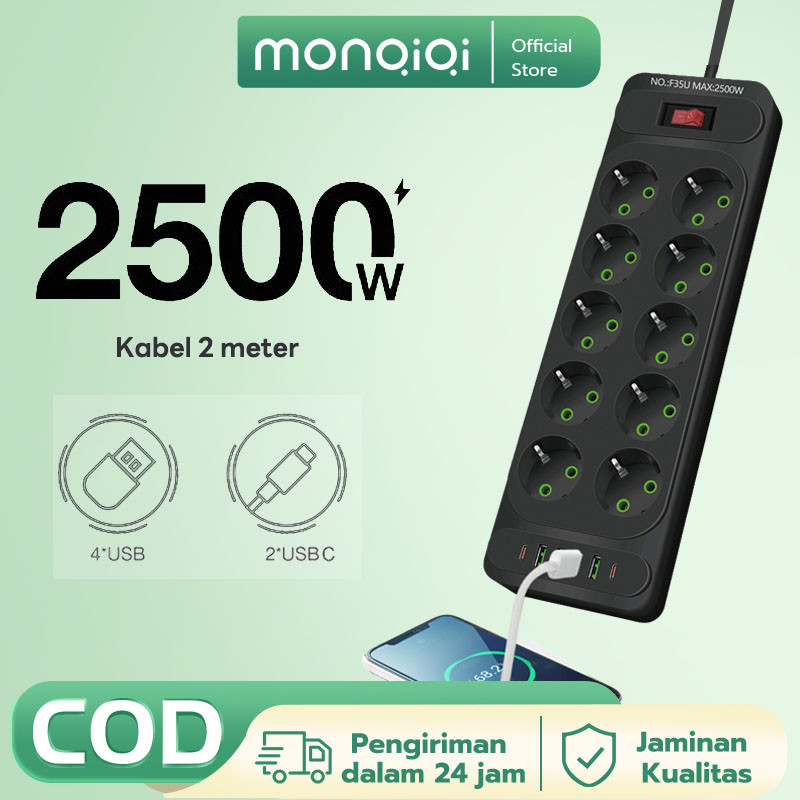 Jual MONQIQI 2500W Stop Kontak USB Kabel Serbaguna Multiguna Panjang 2 Meter Original Power ...