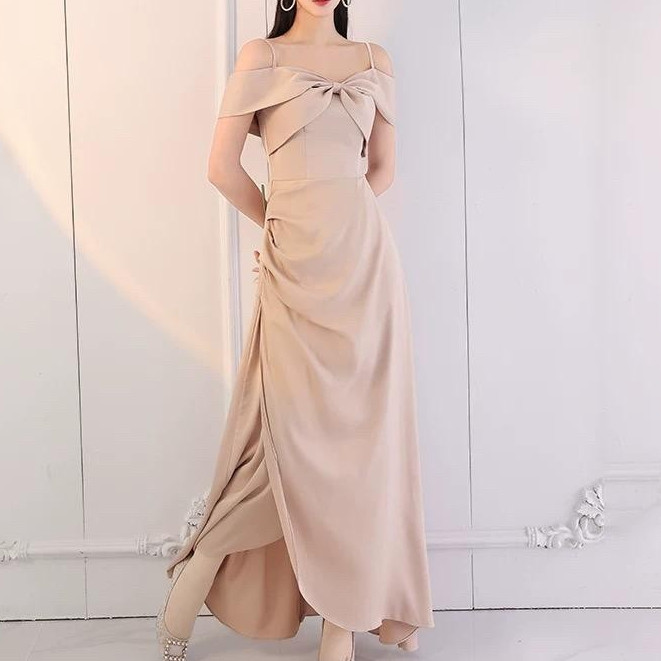 Jual Korean Elegant Slim Fit Long Dress Beige One Shoulder Wedding ...