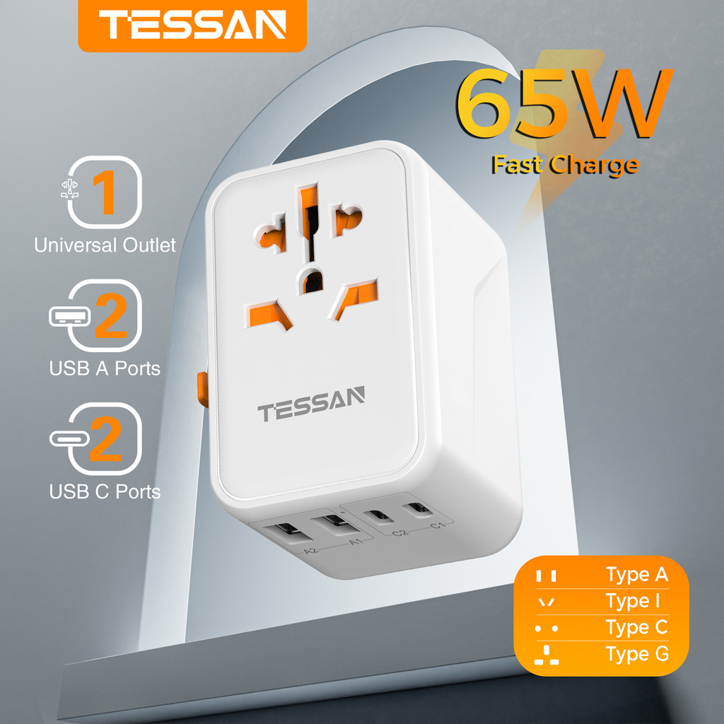 Jual TESSAN 65W GaN Travel Adapter Universal Socket with 2 USB 3 Type C ...