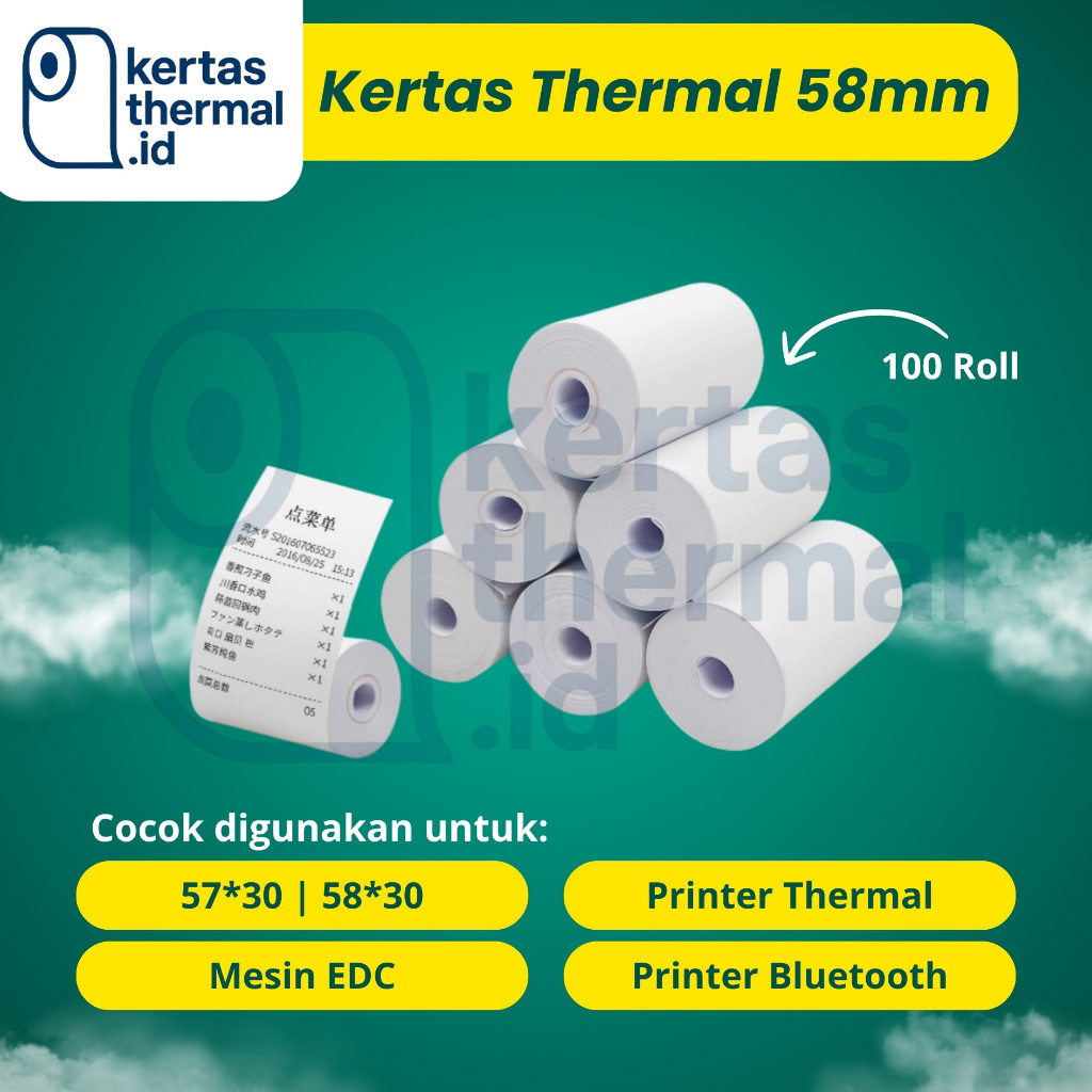 Jual 100 ROLL KERTAS STRUK THERMAL 57X30 58X30 PAPER ROLL EDC TERMAL ...