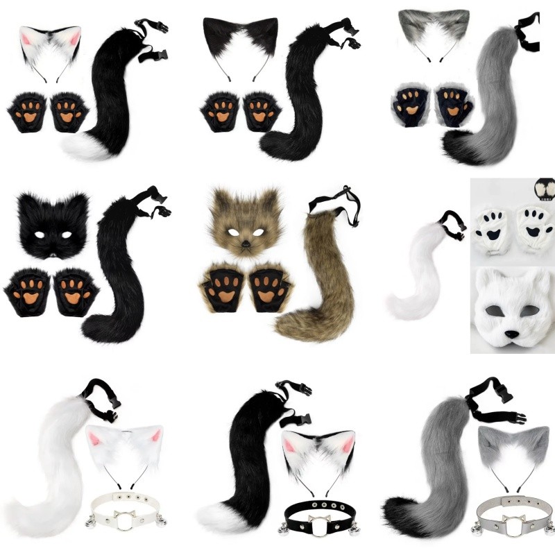 Jual Halloween Cosplay Fluffy Fox Tail Fox Ears Keyain Cat Paws Gloves ...