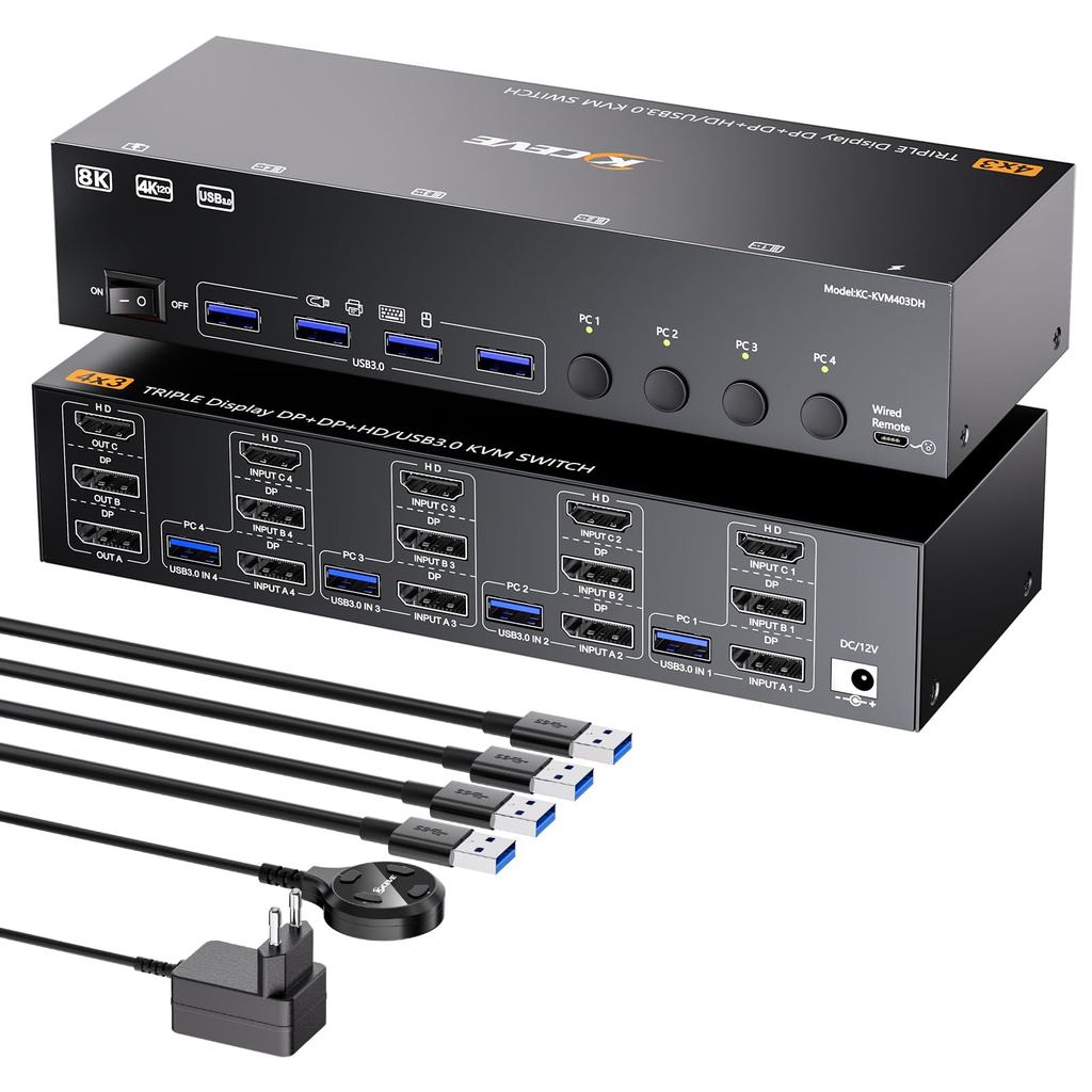 Jual 4K144Hz HDMI+2 Displayport KVM Switch 3 Monitors 4 Computers 8K ...