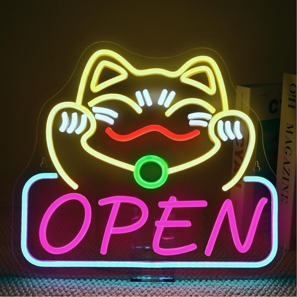 Jual Lucky Cat Open Neon Sign for Wall Decor Dimmable LED Neon Light ...